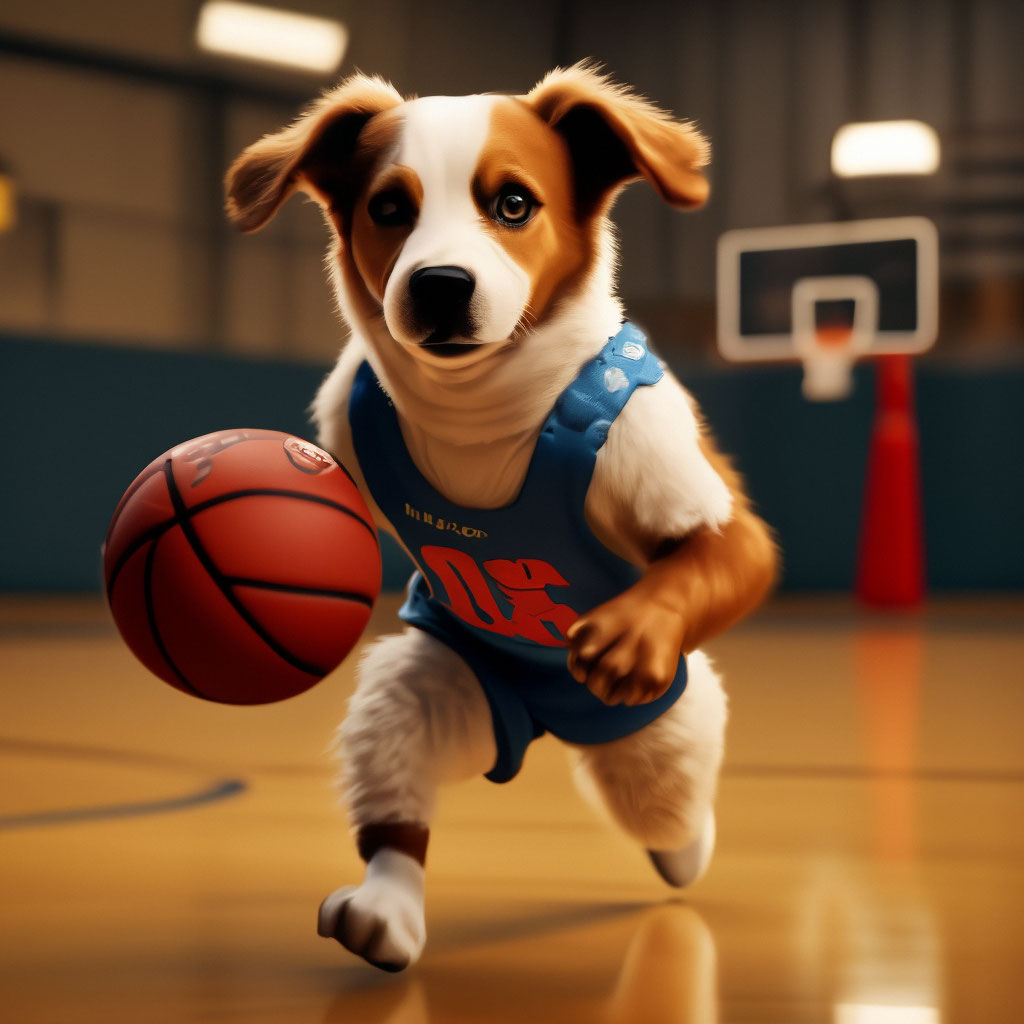 "The dog plays basketball like a pro 🏀" — image created in Shedevrum