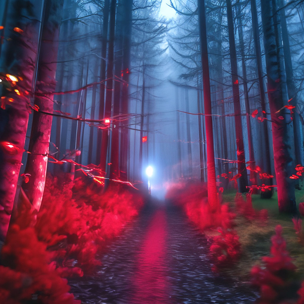 "Red trail through the dense creepy night forest, taiga, wilds ...
