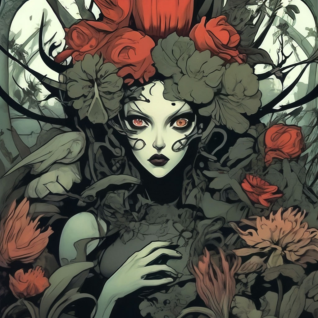 "Глаза берёз, horror, creepy, dark comics style, dark botanical ...
