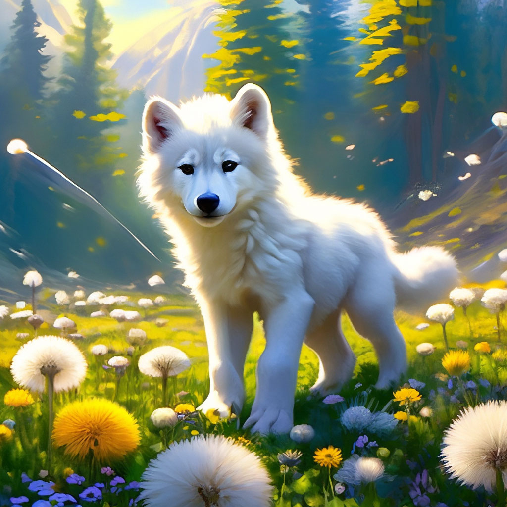 "Fantasy fabulous landscape a white fluffy wolf cub in full growth in a ...