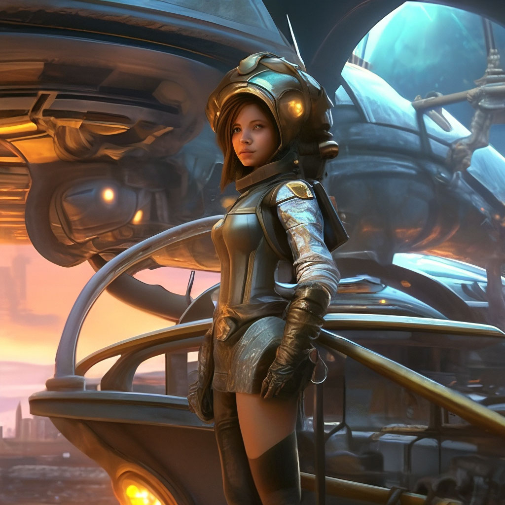 "The girl is an alien, in the background there is a spaceship with an ...