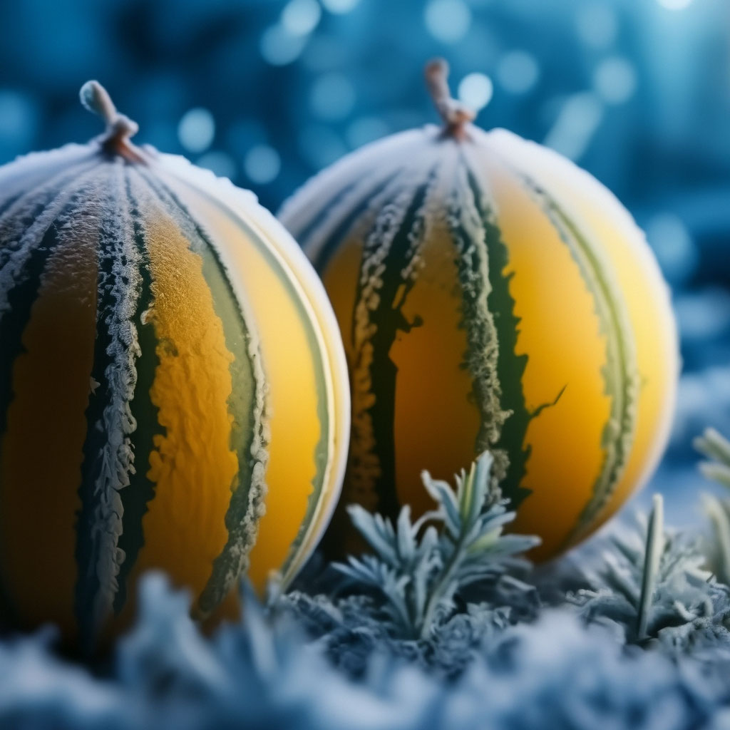 "Beautiful frosty patterns and two ripe melons in a stream of light ...