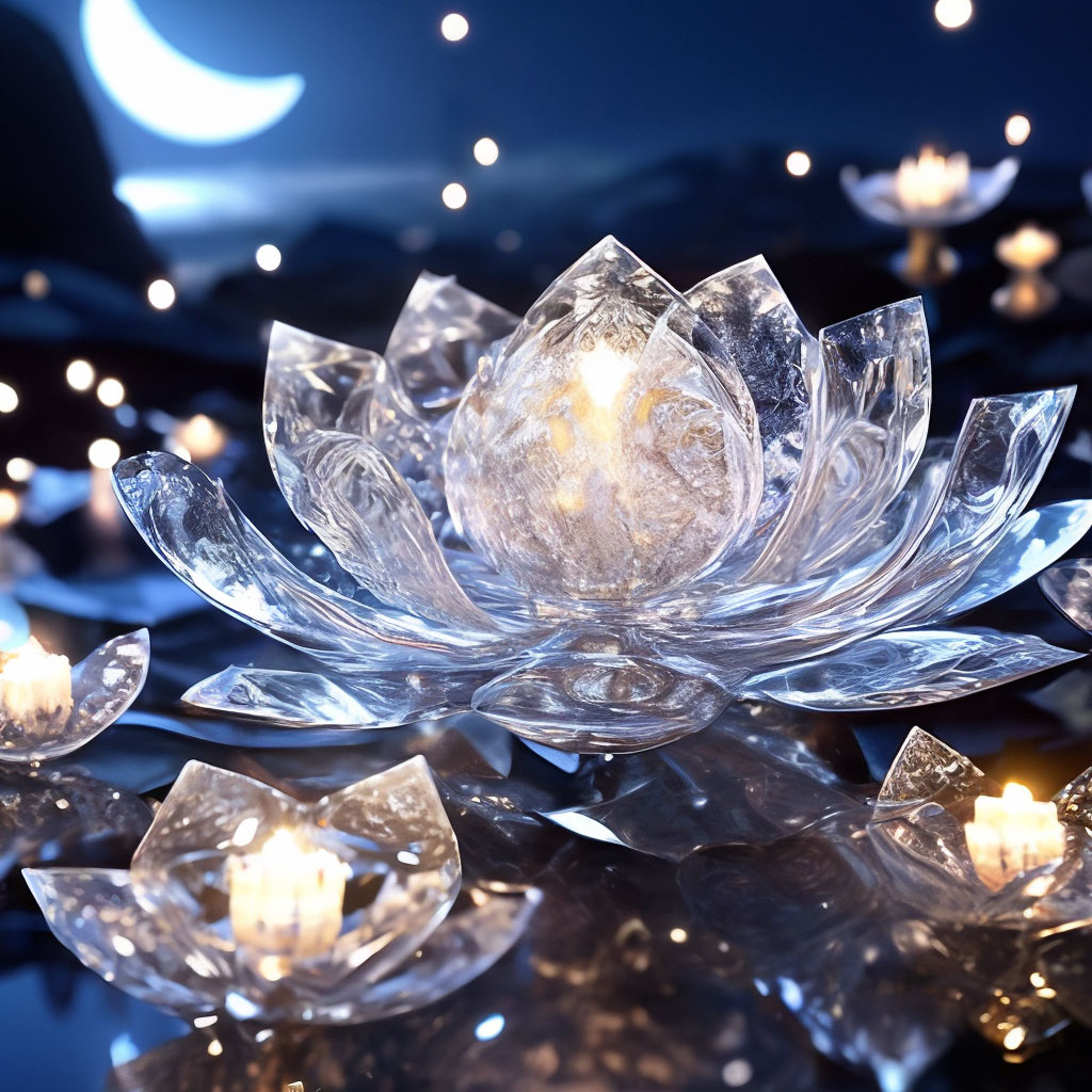 "Fantasy,photorealism, moon valley of glass luminous lotuses in the ...