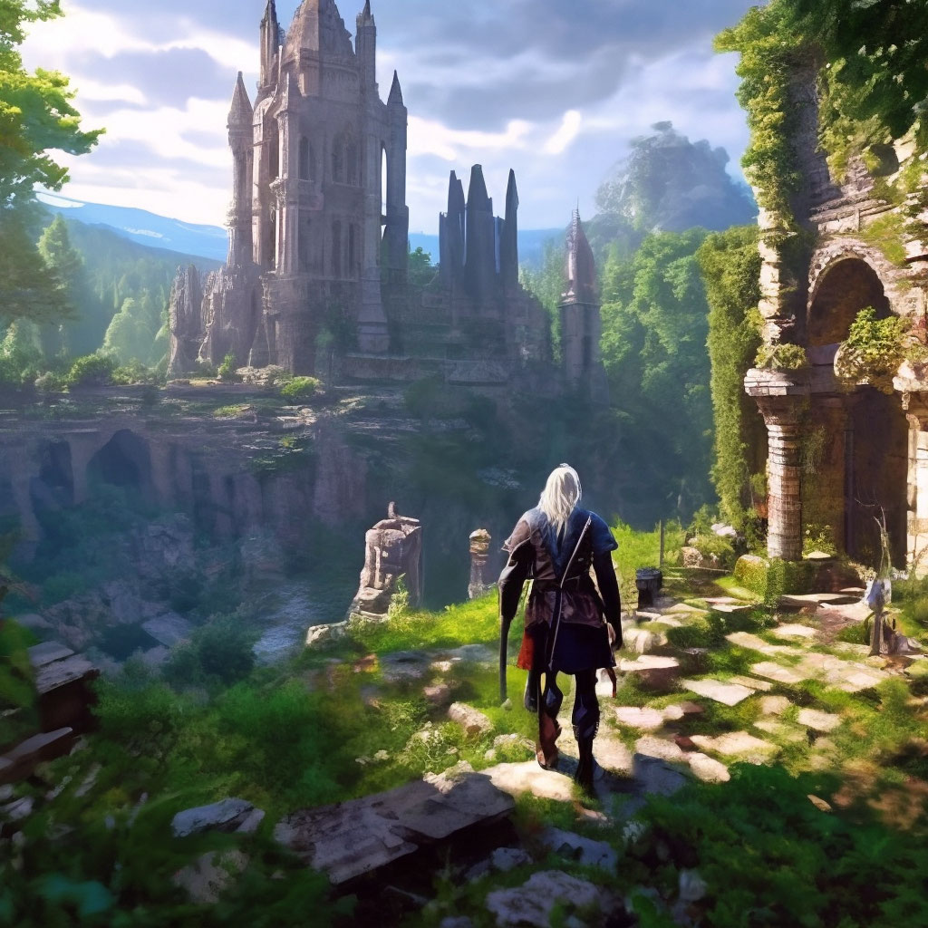 "The Witcher Geralt enters the ruins of an ancient overgrown elven city ...