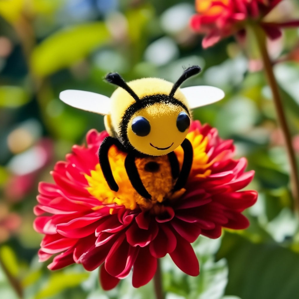 "A round plush bee collects nectar from a red flower on a sunny day ...