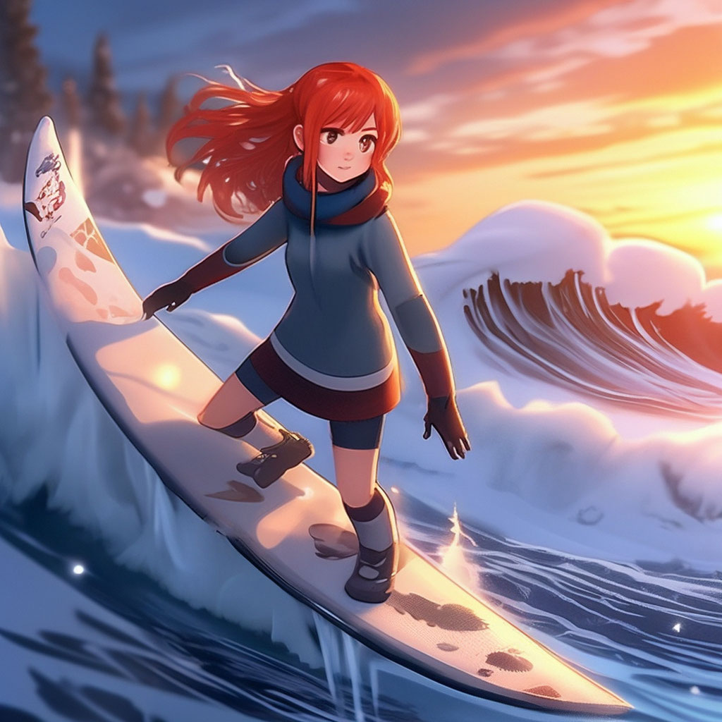 "A girl is surfing in the waves, standing on a surfboard in full height ...