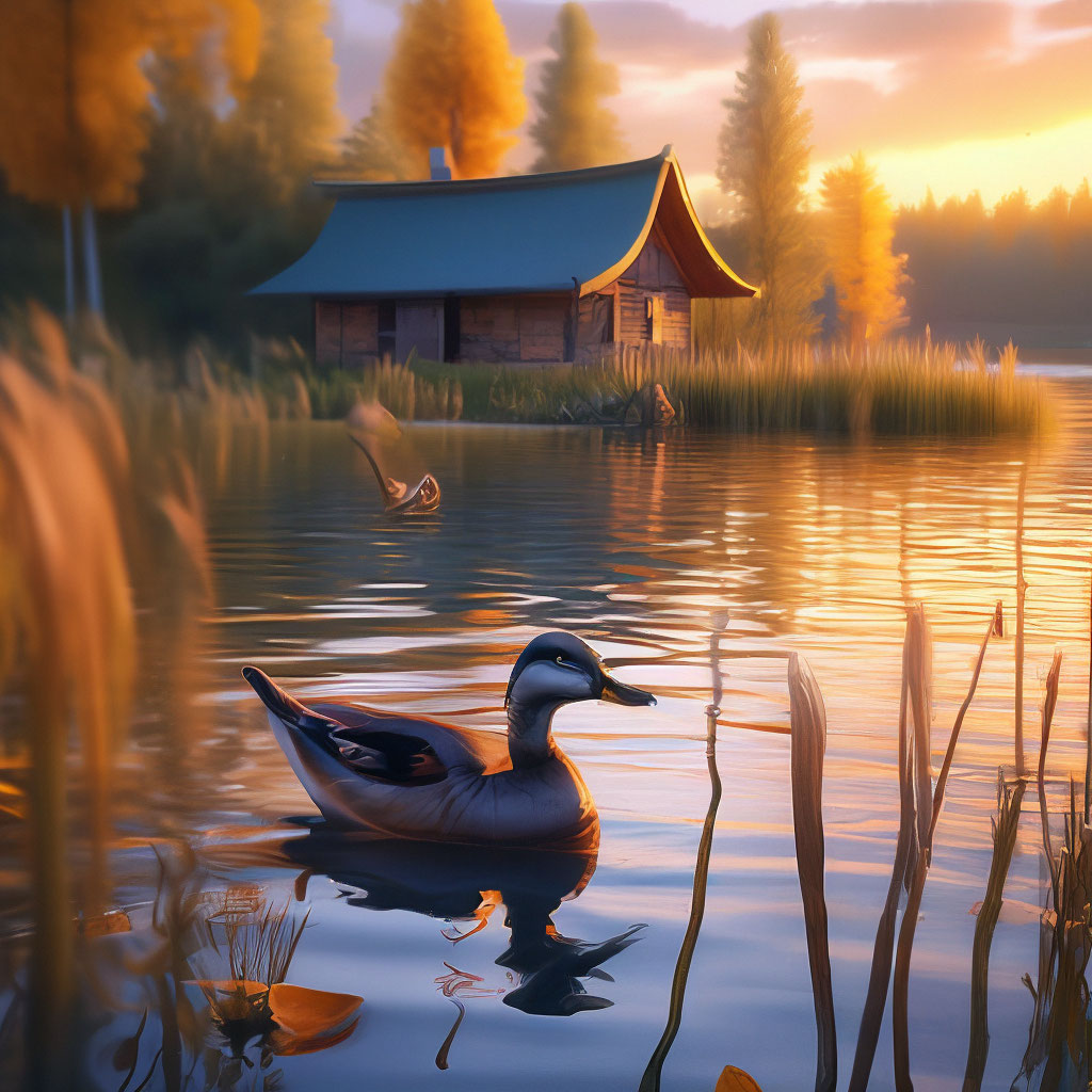 "Animalistic style. in the foreground: a drake floating on the lake ...