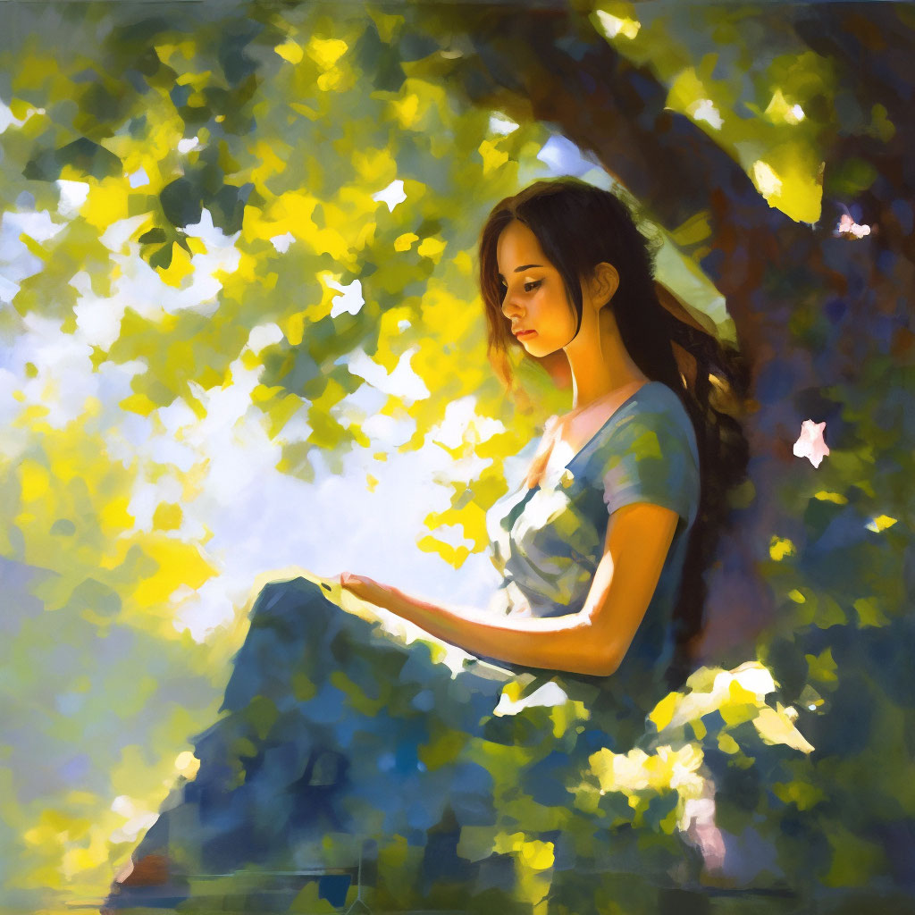 "The painting depicts the image of a young woman sitting freely under ...