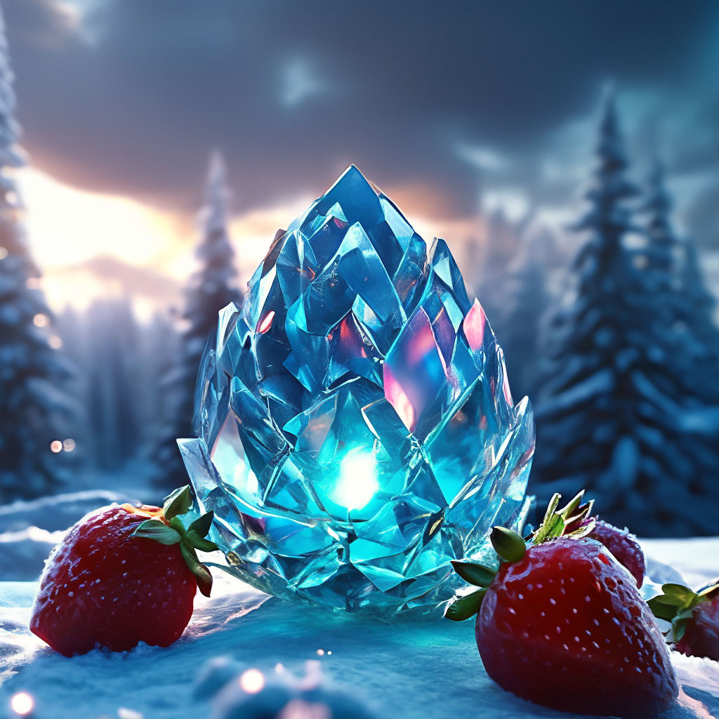 "Crystal strawberries with bright colors glowing inside, winter forest ...
