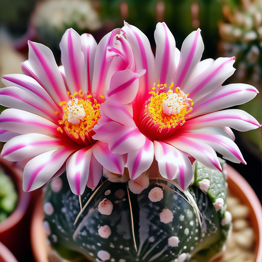"Blooming cactus astrophytum, pink astrophytum flowers, hyperrealism ...