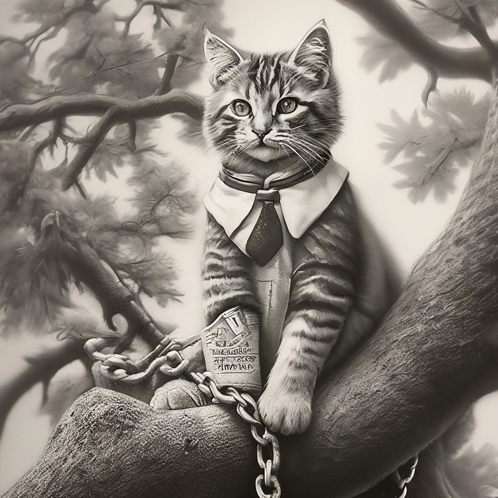 "Scientist cat, golden chain on an oak tree" — image created in Shedevrum