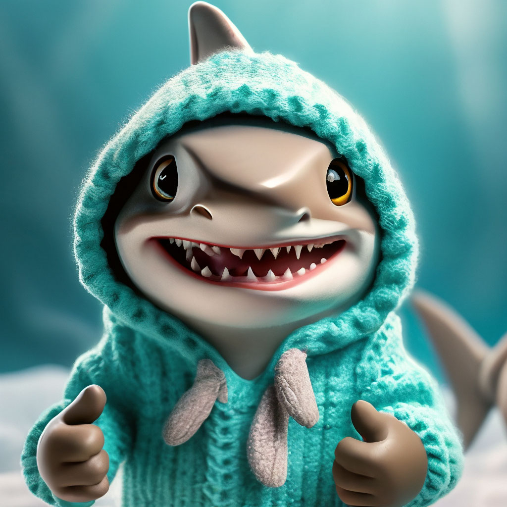 "A cute little realistic baby shark with bulging eyes in a turquoise ...