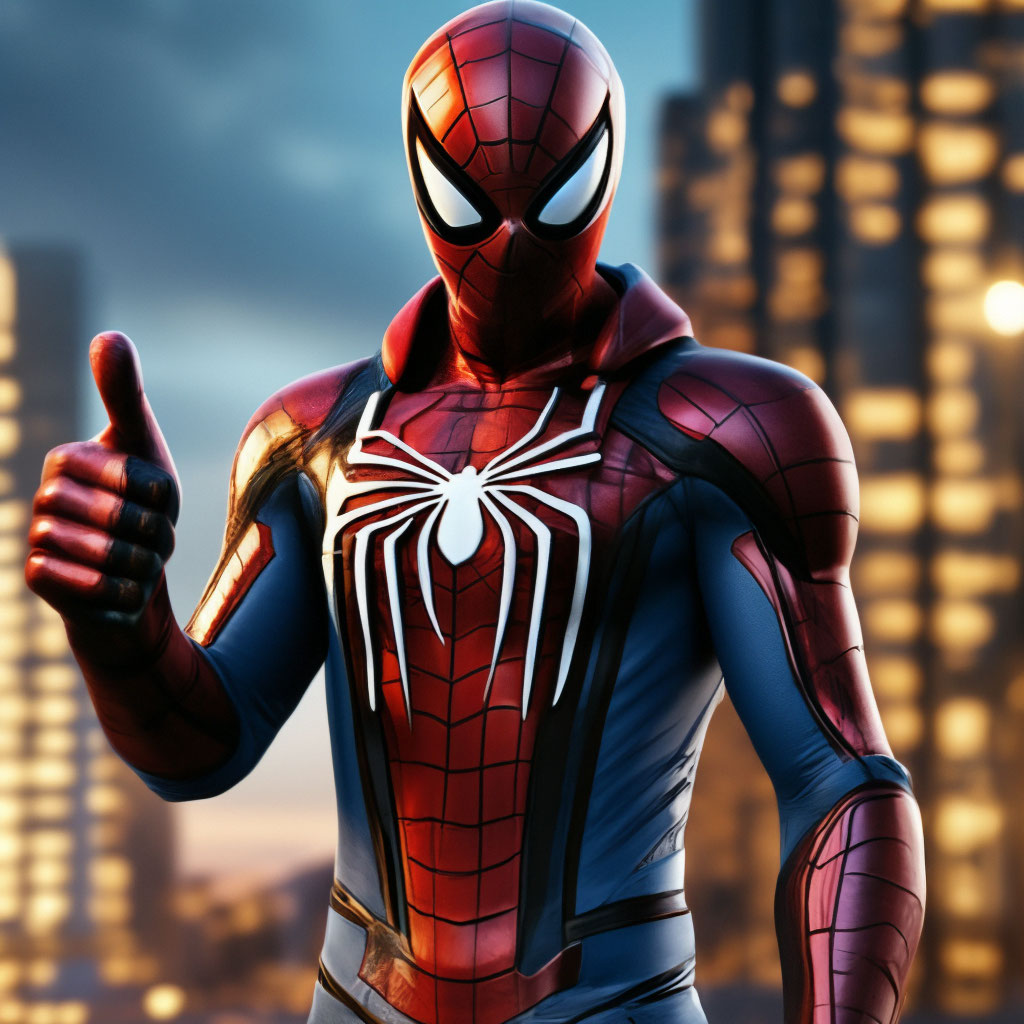 "Spider-Man, exoskeleton, mass effect style, holds thumbs up shows ...