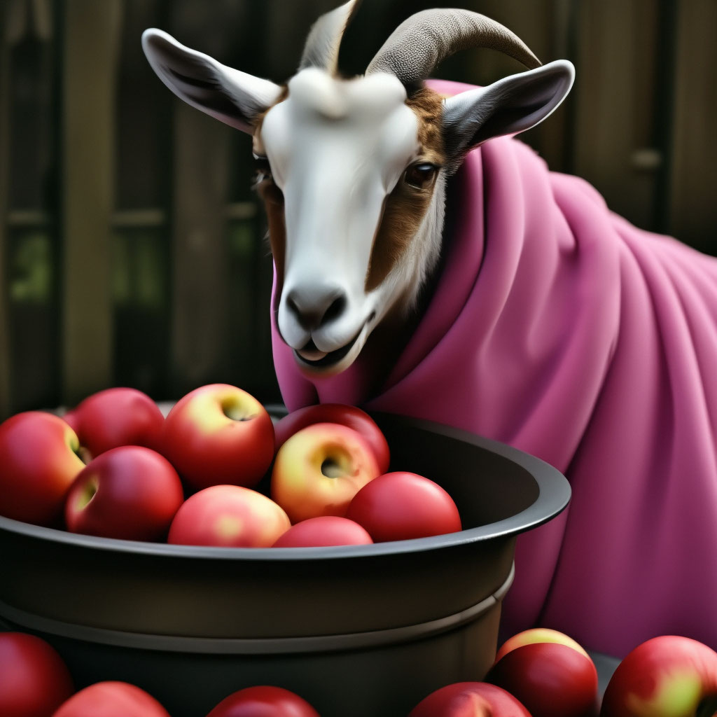 "A goat in its owner's pink coat eats apples from a basin." — image ...