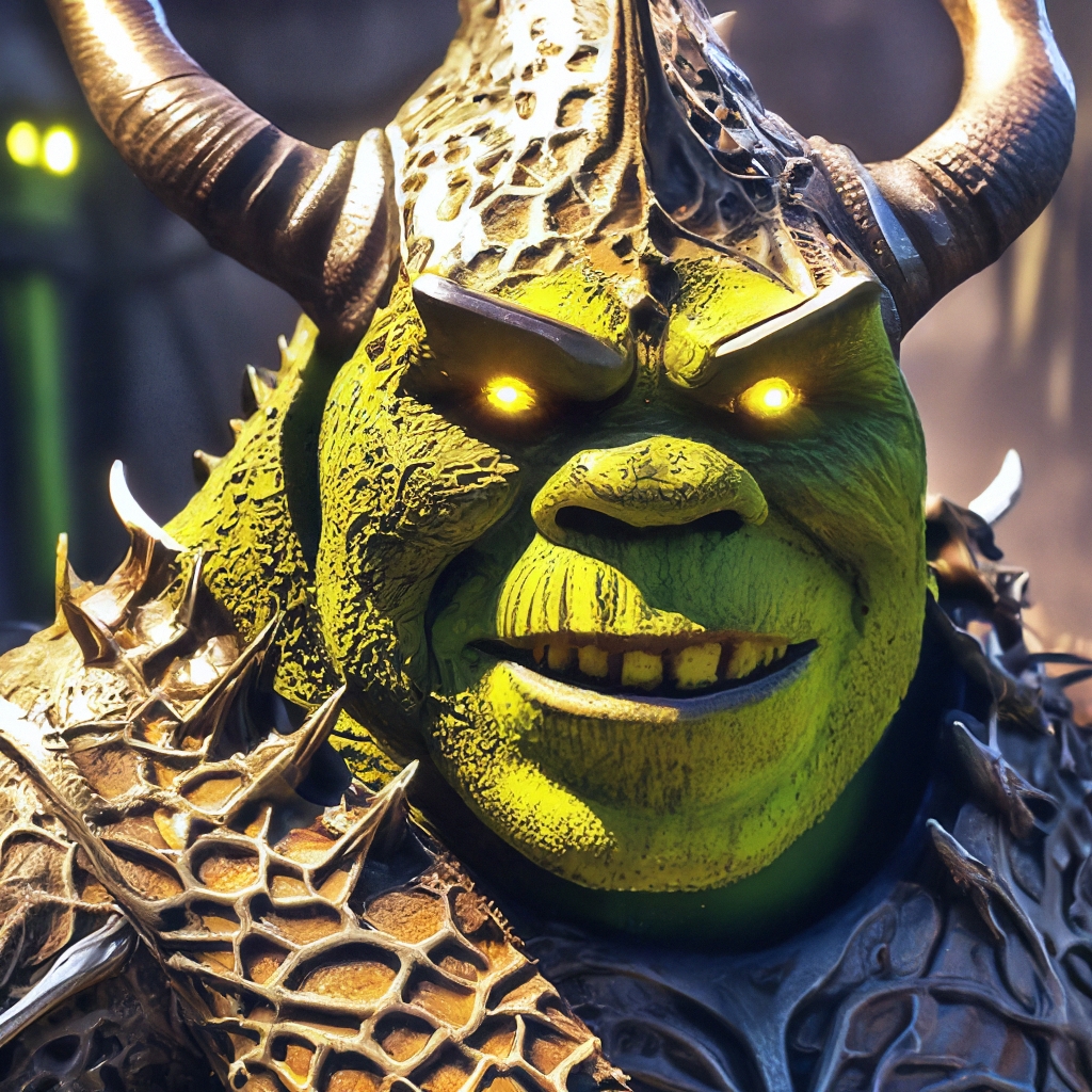 "Demonic scary Shrek with horns and growths on the body and roughened ...