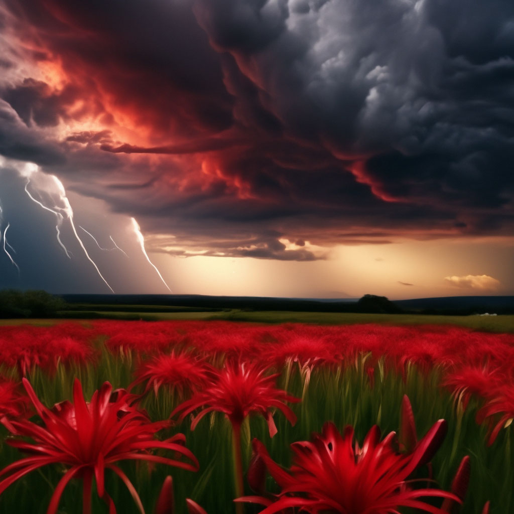 "Nature, landscape, earth, grass, spider lily, meadow, red clouds ...