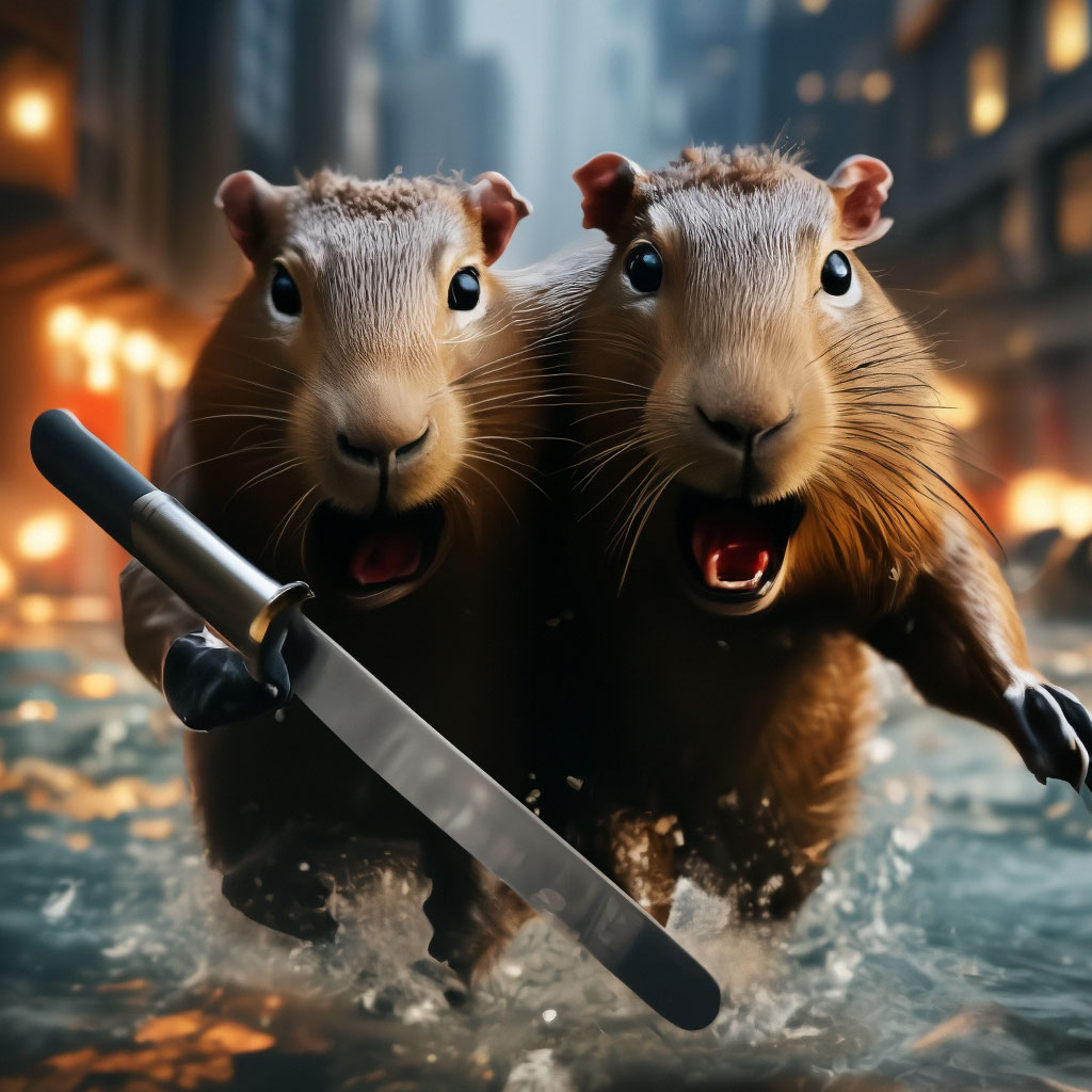 "Anthropomorphic, two-headed capybara with red realistic eyes rushes at ...