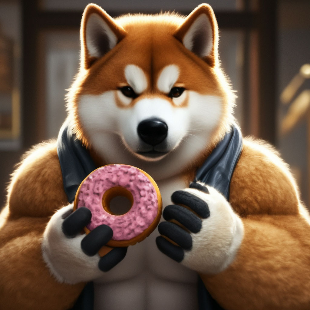"Muscular anthropomorphic Akita Inu eats a blackberry donut" — image ...