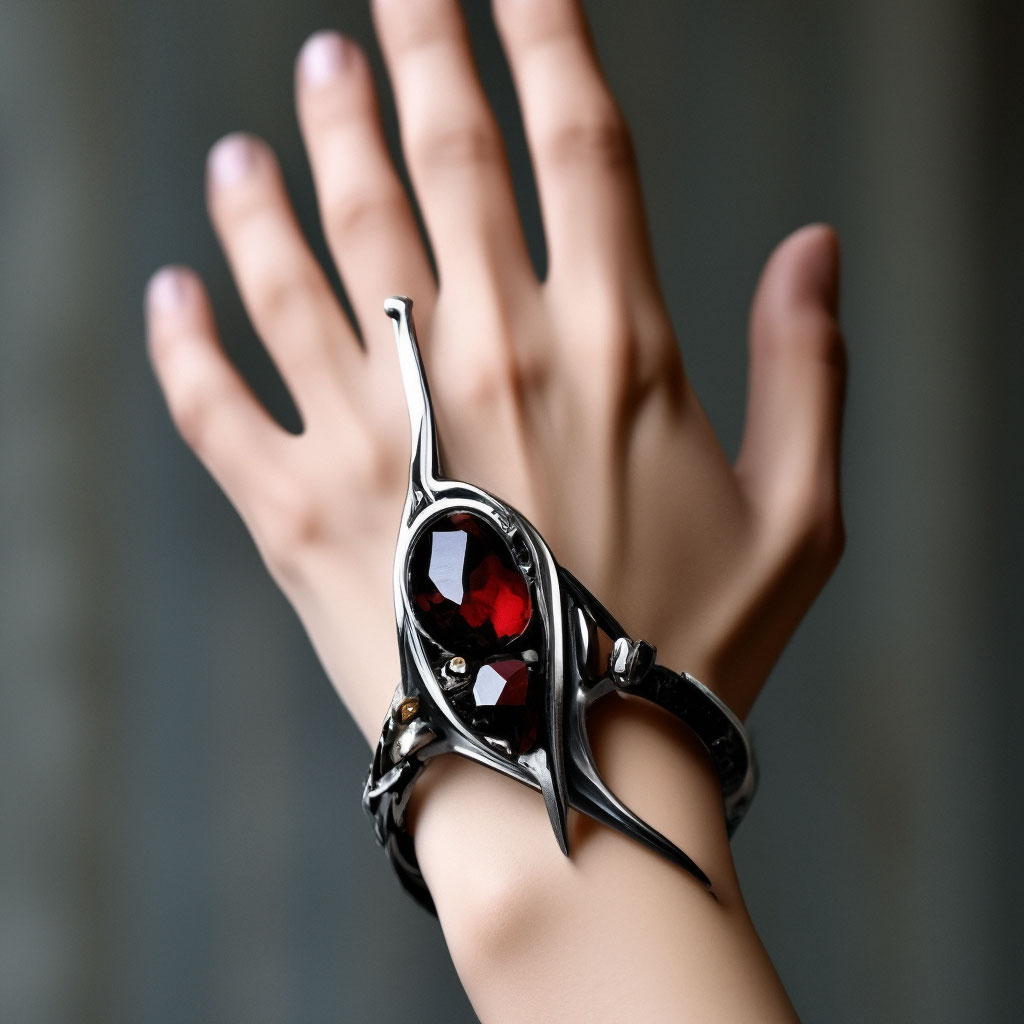 "Garnet bracelet in silver avant-garde on the arm" — image created in ...