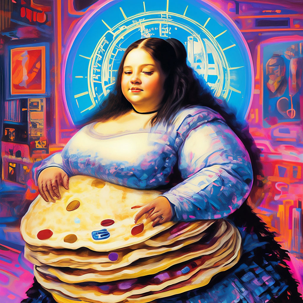 "Very very fat woman Mona Lisa, in a pancake dress" — image created in ...