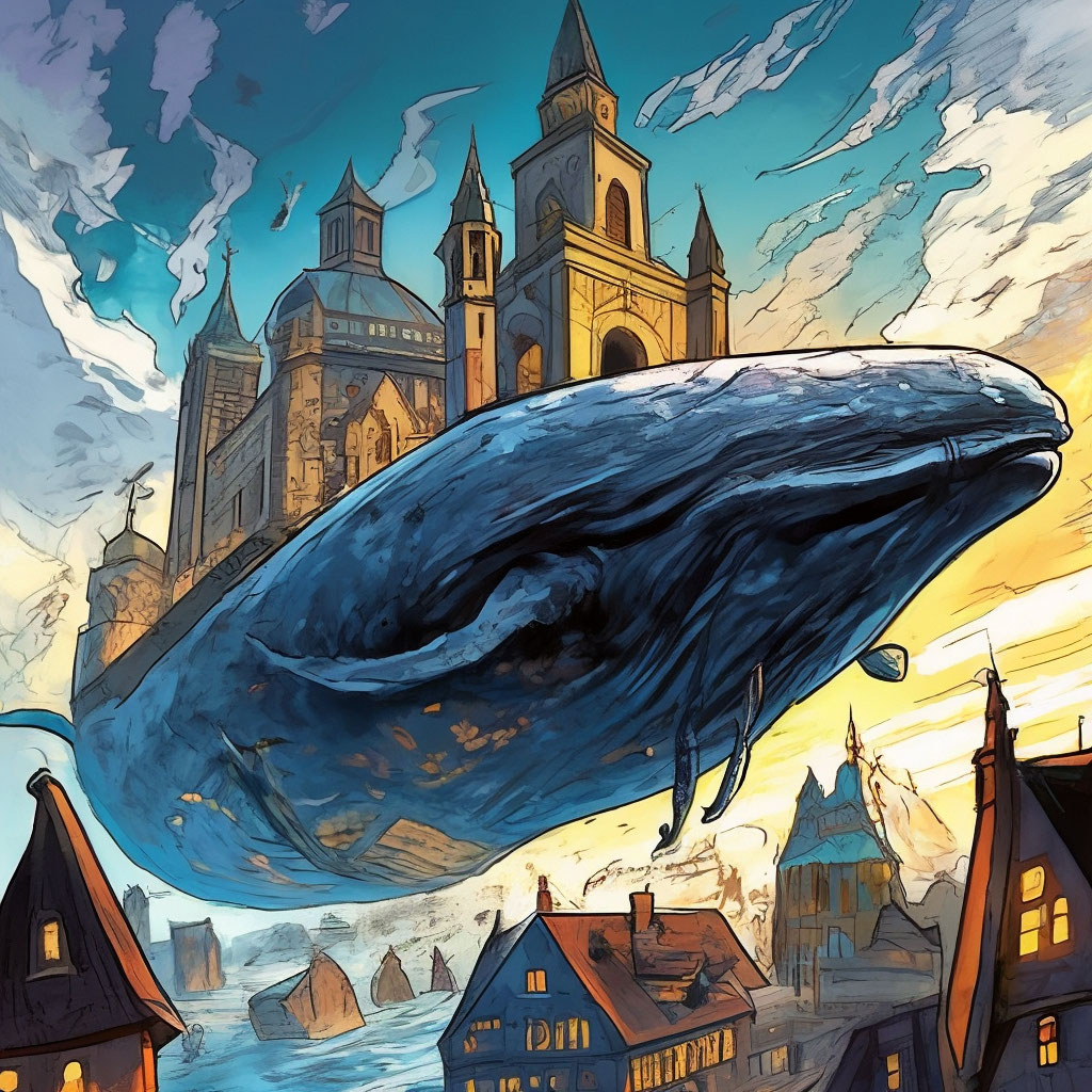 "A whale with churches and a village on its back" — image created in ...