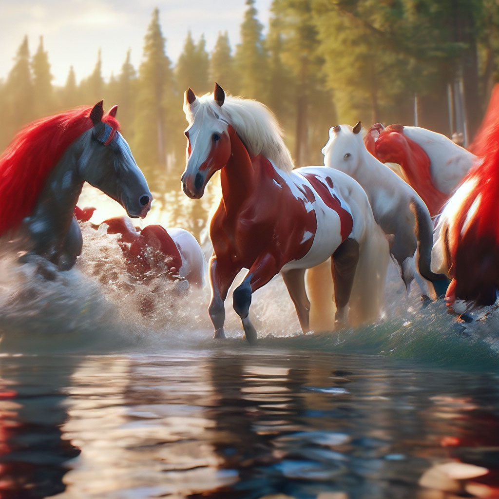 "Horses roam in the backwater, Horses feed on happiness, Red and white ...