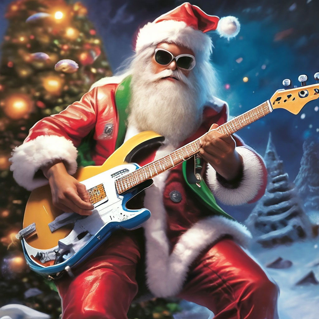 "Santa Claus is a rocker with a bass guitar" — image created in Shedevrum