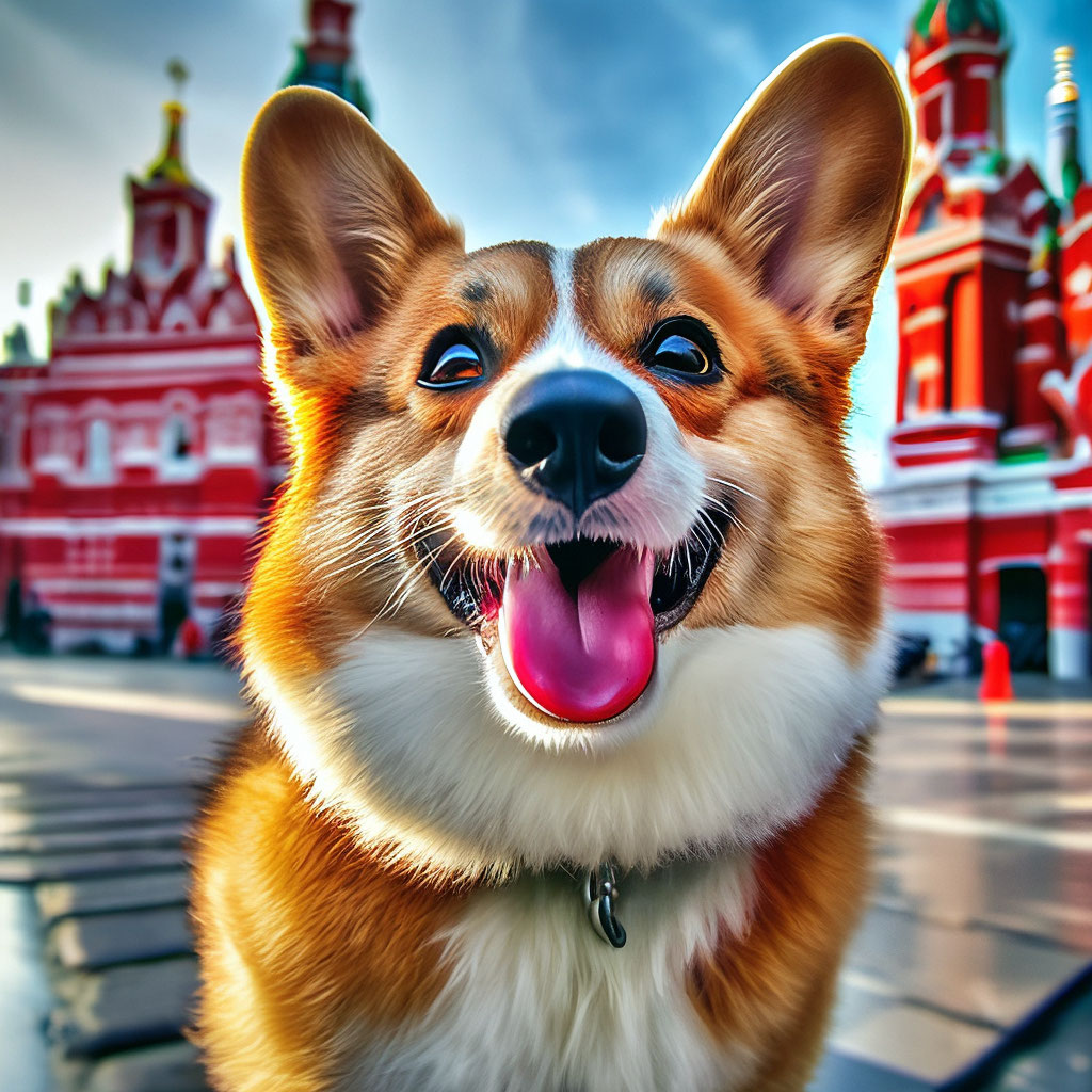 "Cheerful happy, corgi takes a selfie against the background of red ...