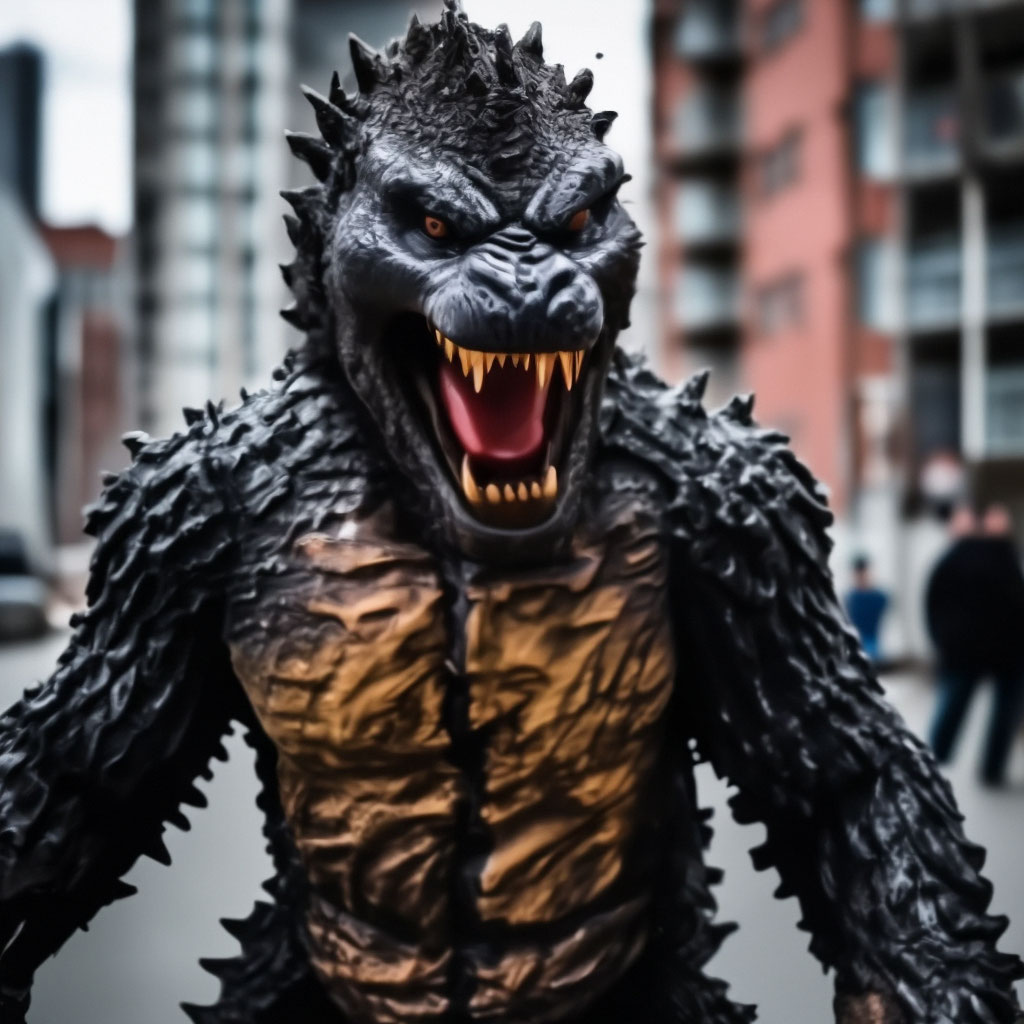 "A man merged into a Godzilla costume analog horror" — image created in ...