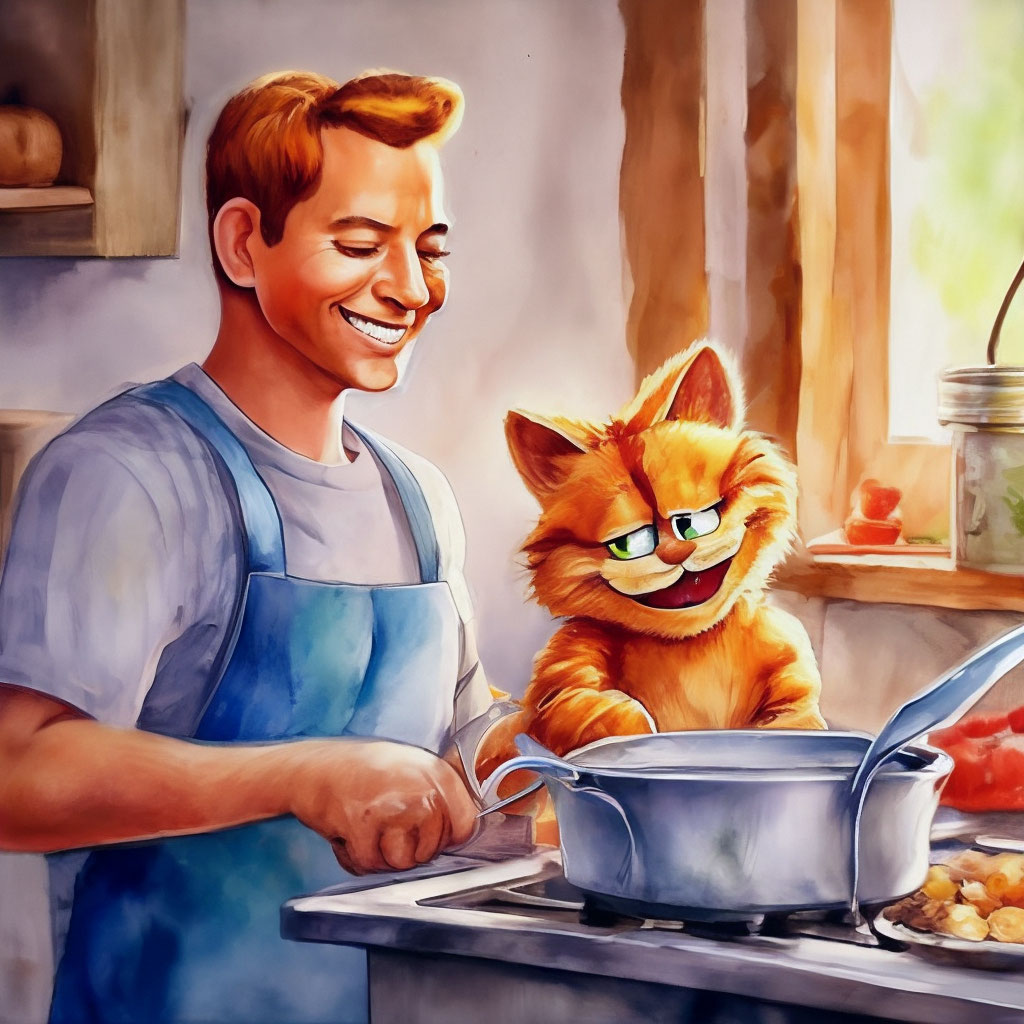 "Watercolor drawing, cartoon cat Garfield and his owner John cook ...