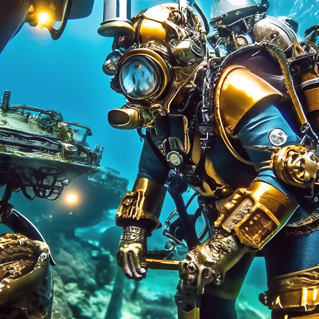"Steampunk Underwater Journey: A bold steampunk diver equipped with a ...