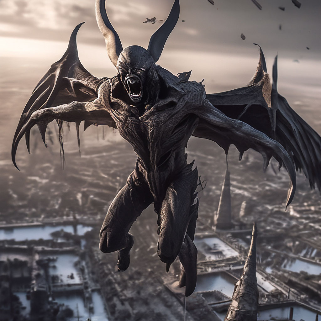 "Metro Exodus, hovering over a ruined city,humanoid skinny,writhing ...