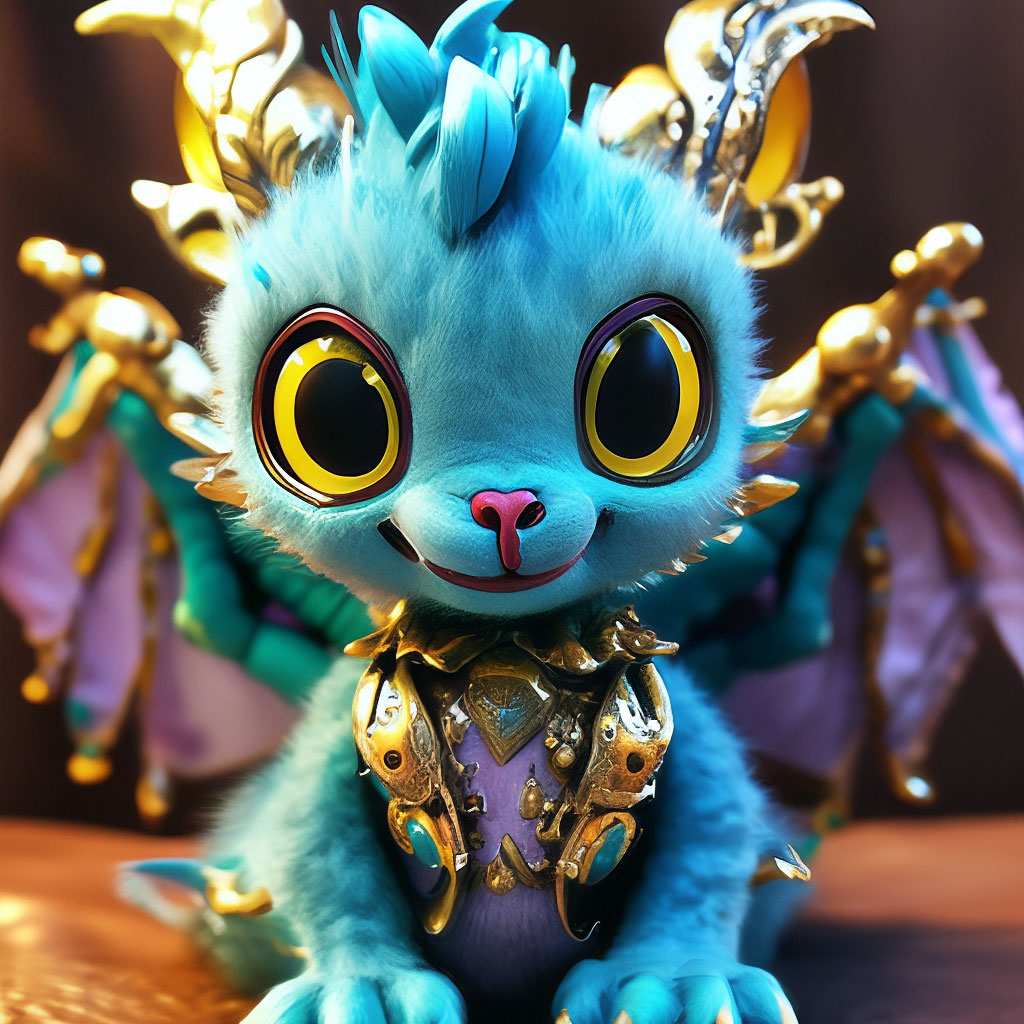 "A tiny fluffy cute dragon, with a cat's muzzle, a parrot's nose ...