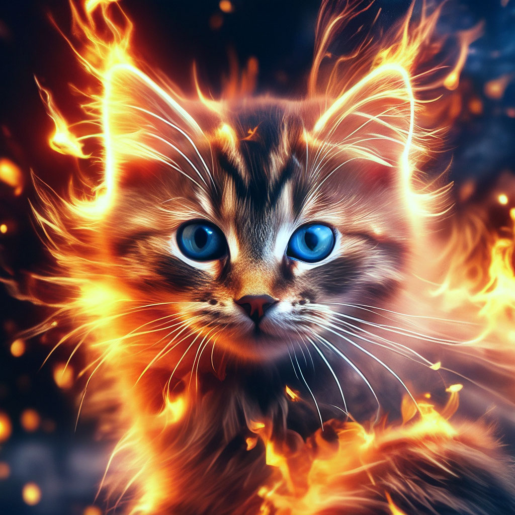"Fire series: very cute fire cat, big cute eyes, body consisting of ...