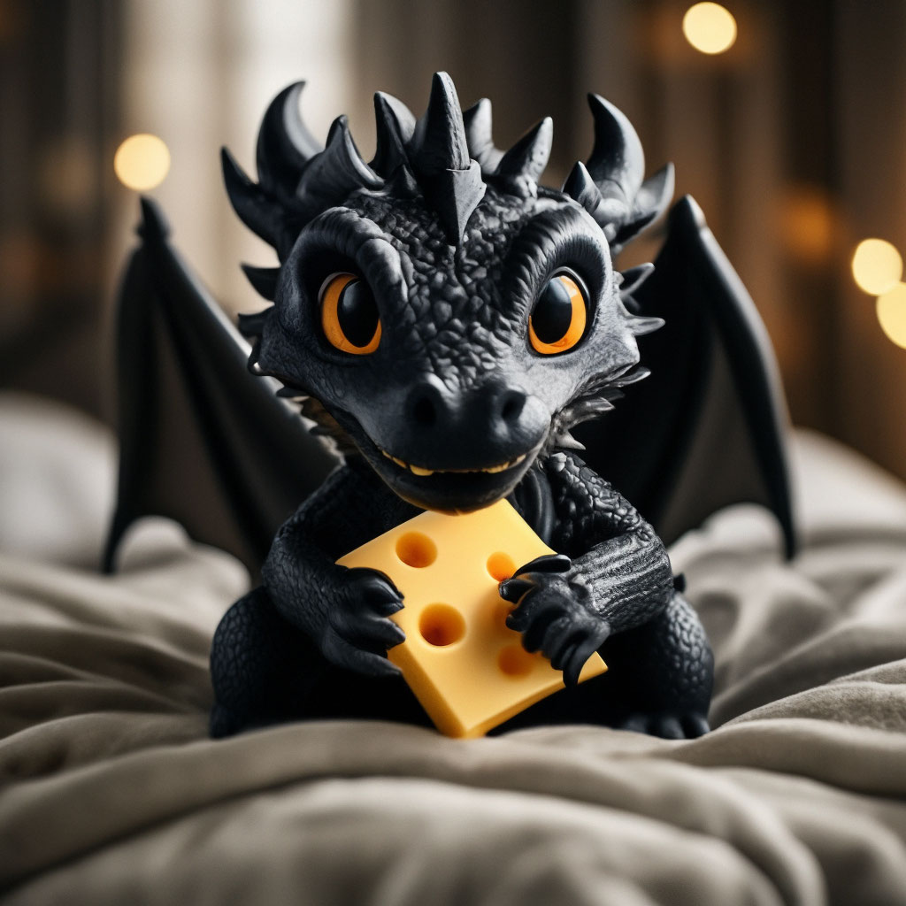 "Cute black dragon eating cheese, on a beautiful bed, lying" — image ...
