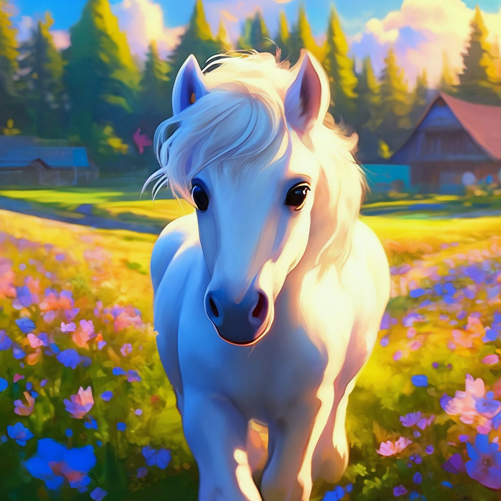 "A beautiful young pony with big blue eyes, a large wavy mane, bright ...