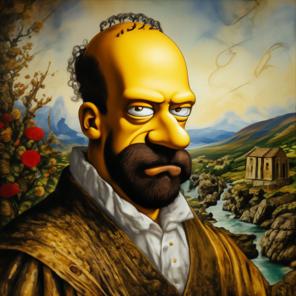 "Daub portrait of Homer Simpson in the style of Brueghel watercolor ...