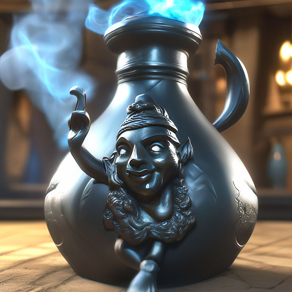 "An old iron black jug, a genie came out of the jug from the smoke in ...