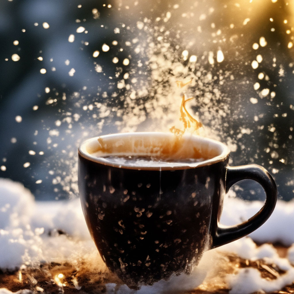 "A cup of hot coffee in the winter morning" — image created in Shedevrum