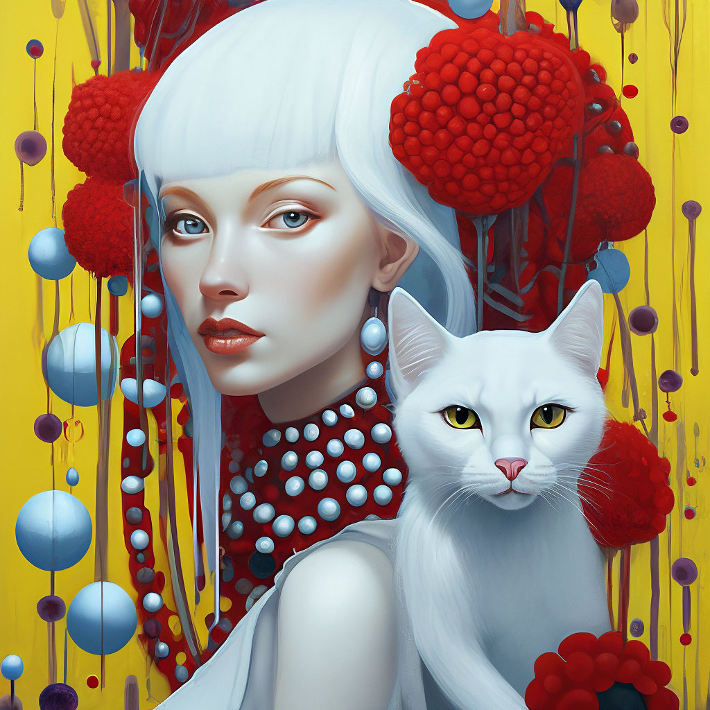 "Close-up, an alien woman with long white hair, and a red cat from ...