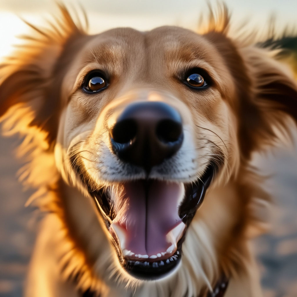 "Funny, happy dog face , close angle, nose, realistic, professional ...