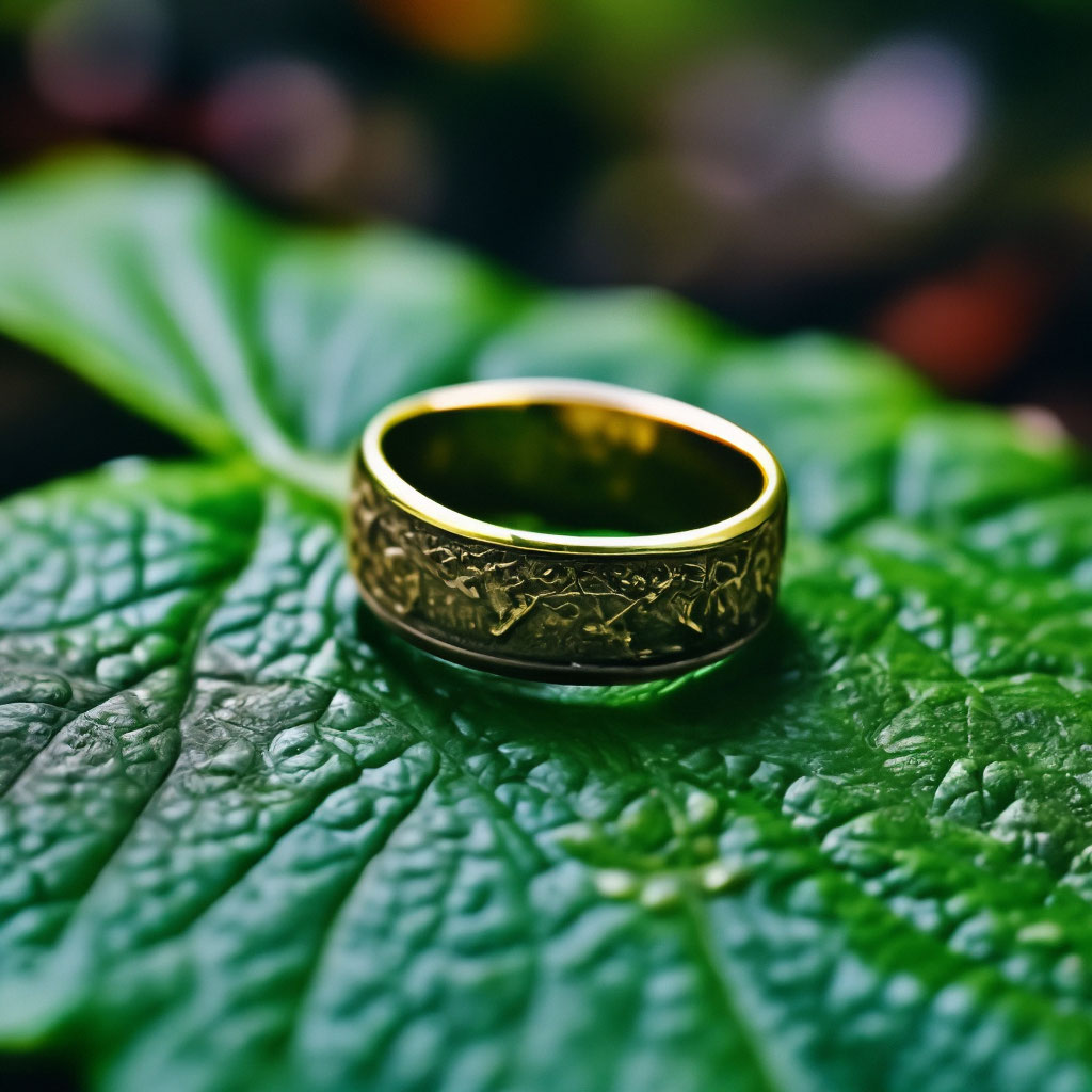 "The engraving in elvish script on a gold filigree ring, which lies on ...