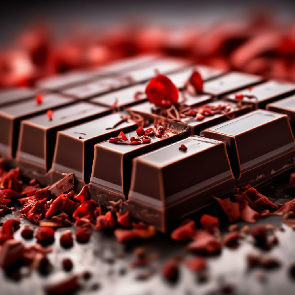 "A broken bar of bitter chocolate with flakes of red pepper flakes ...