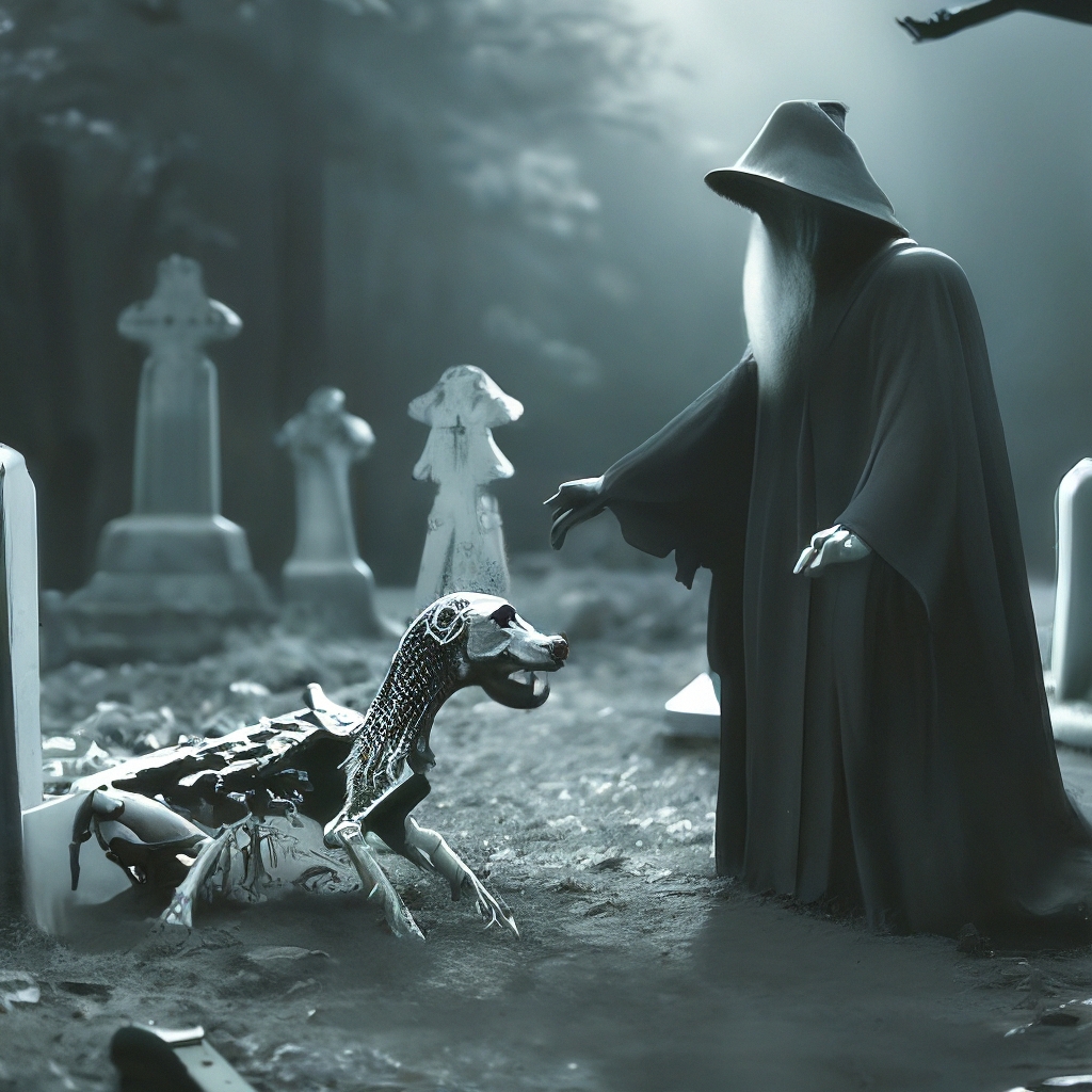 "A necromancer raises a dog skeleton from the grave. dark fantasy ...
