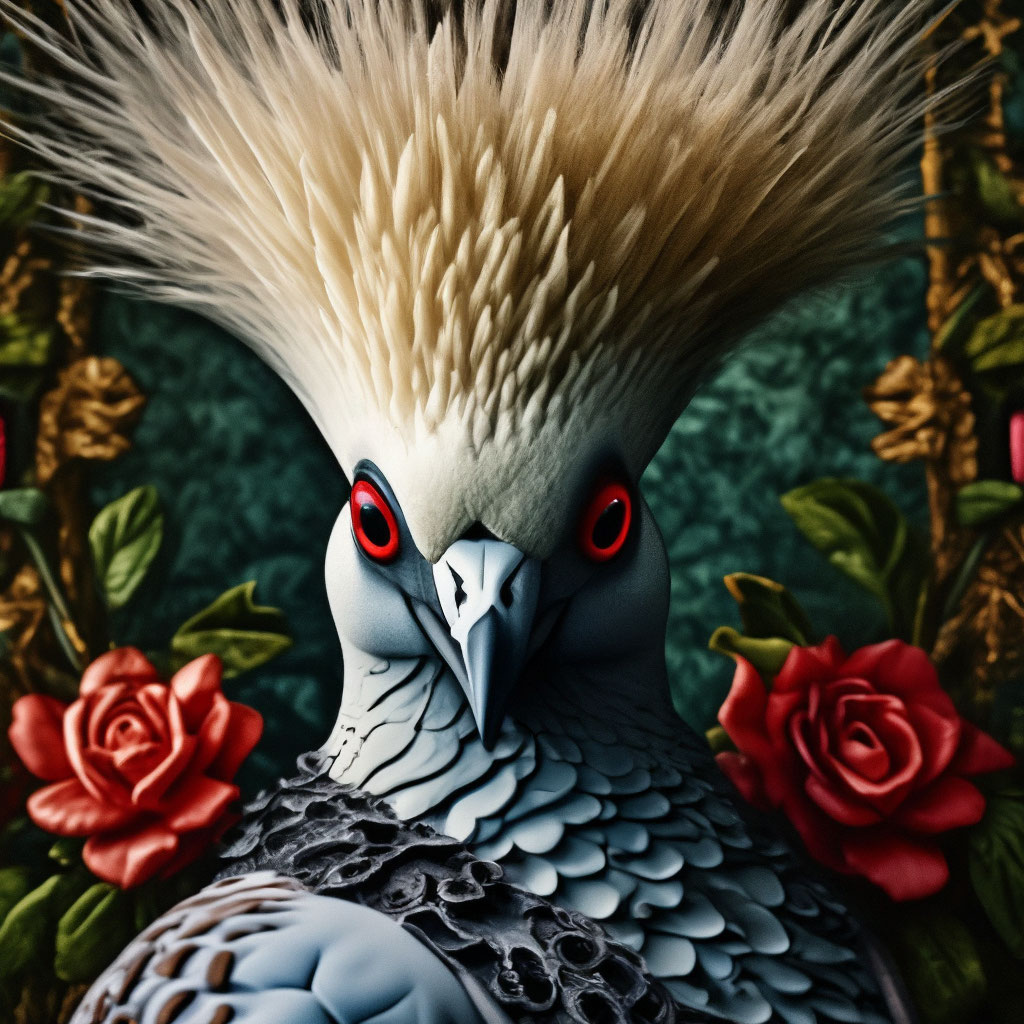 "Crested pigeons in the head oil painting, gothic, floral embroidery ...