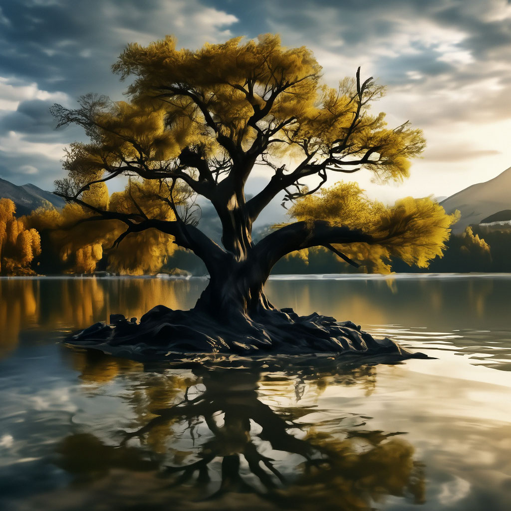 "Epic tree in the lake,realistic,glitter,high resolution,high detail ...