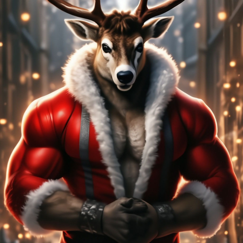 "Big muscular furry deer in Santa Claus costume" — image created in ...