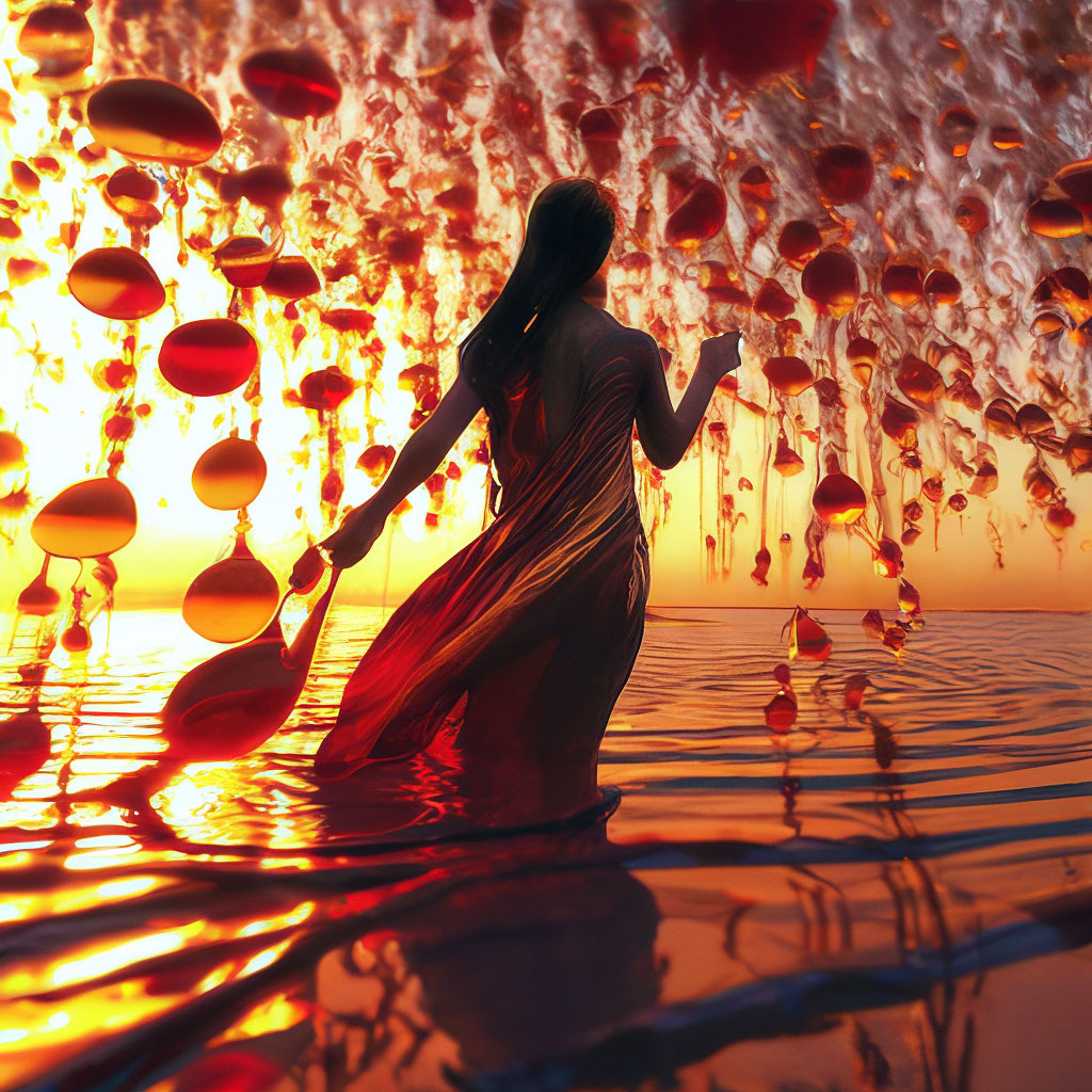 "Flowing down the body drops of red&gold water, fractal design, dark ...