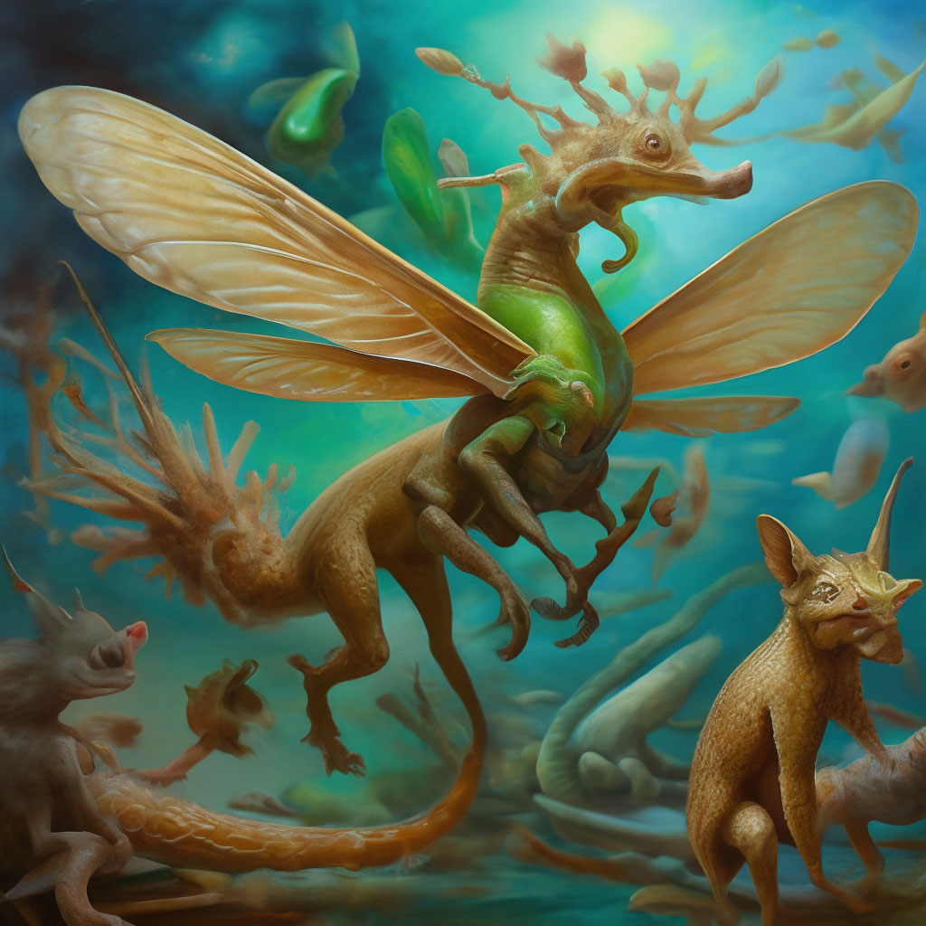 "Brown-green fabulous creatures on an azure background bacteria infused ...