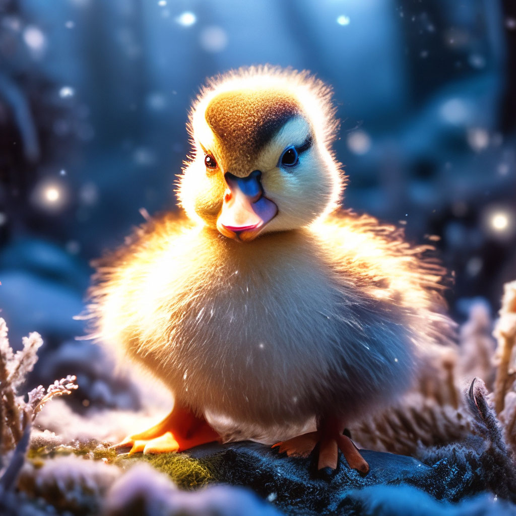"Cute fluffy duckling with long fur and a wide cute muzzle, frost ...